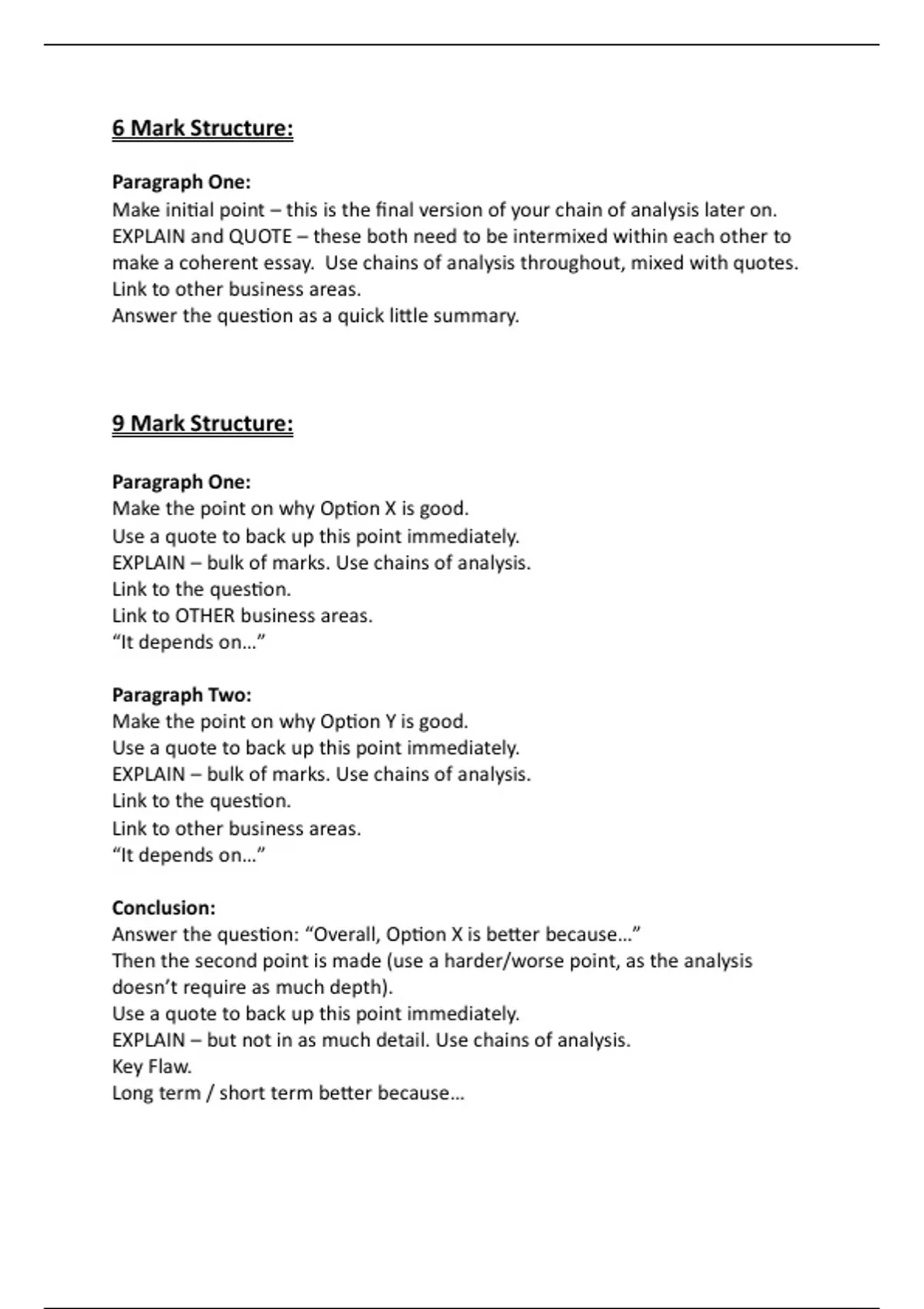 Summary GCSE Business - 6, 9 & 12 Mark Exam Question Structure for ...