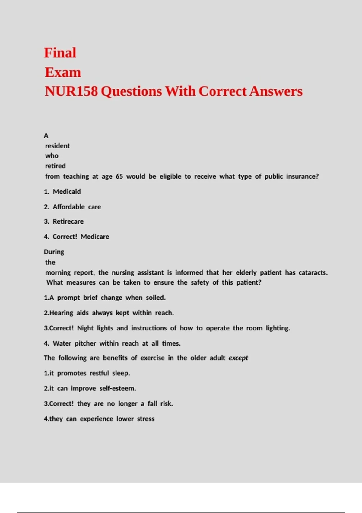 Final Exam NUR158 Questions With Correct Answers - NUR 158 - Stuvia US