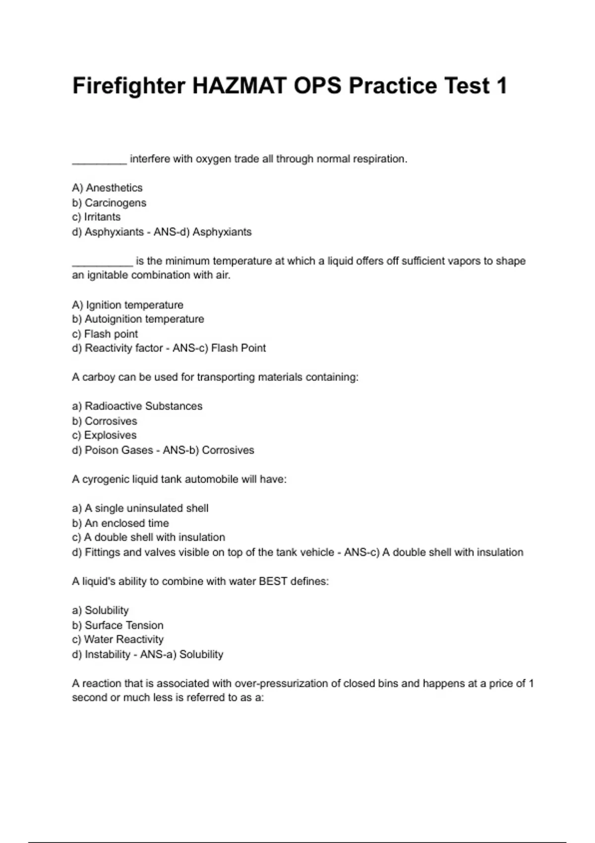 Firefighter HAZMAT OPS Practice Test 1 NEWEST 2025/2026 ACTUAL EXAM ...