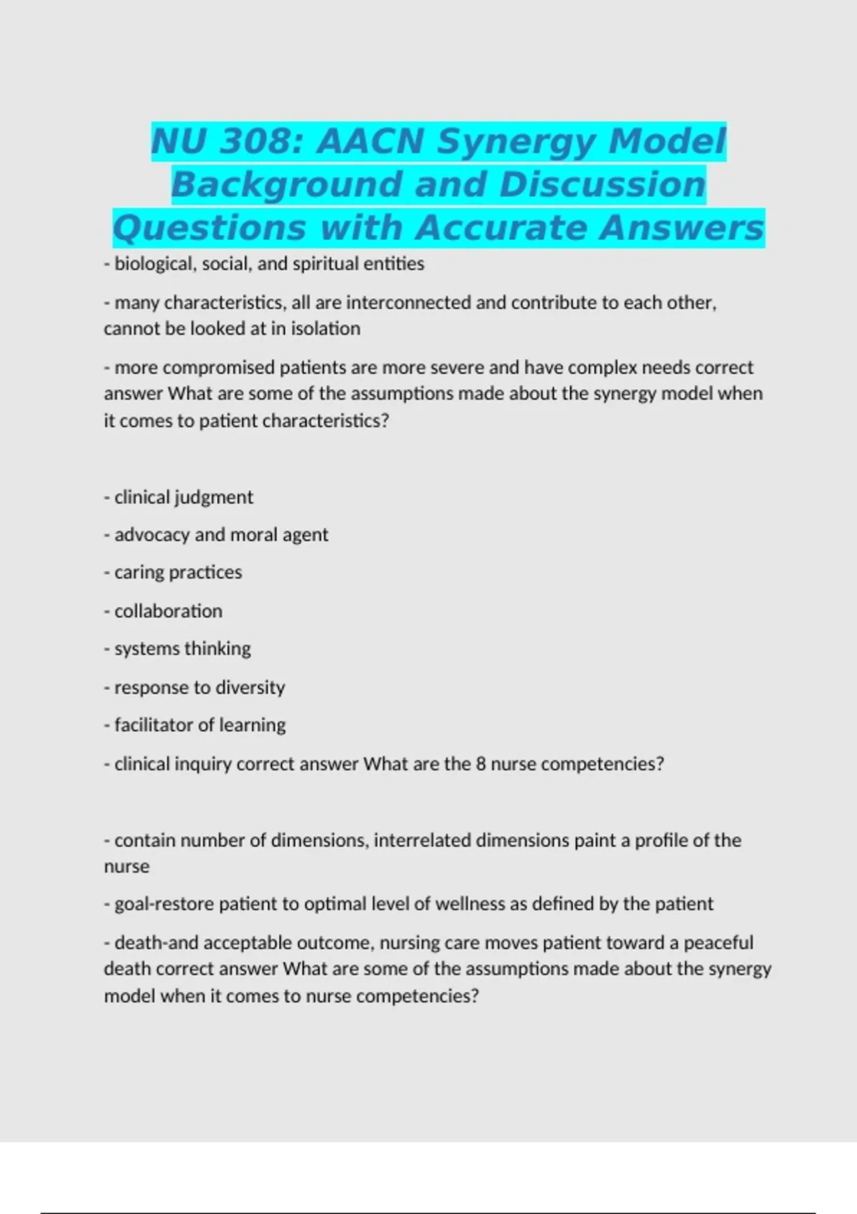 NU 308: AACN Synergy Model Background and Discussion Questions with ...