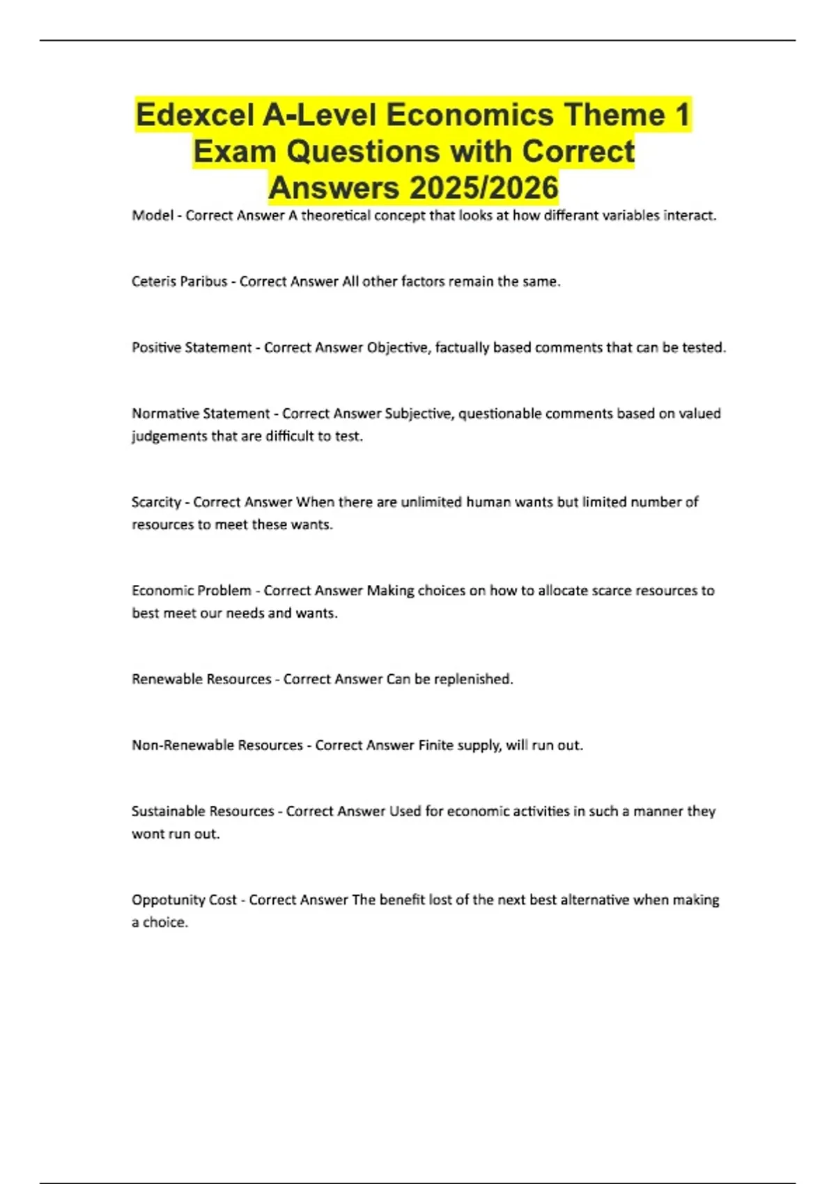 Edexcel A-Level Economics Theme 1 Exam Questions with Correct Answers ...