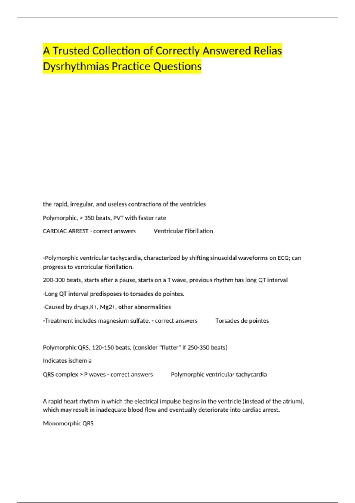 A Trusted Collection of Correctly Answered Relias Dysrhythmias Practice ...