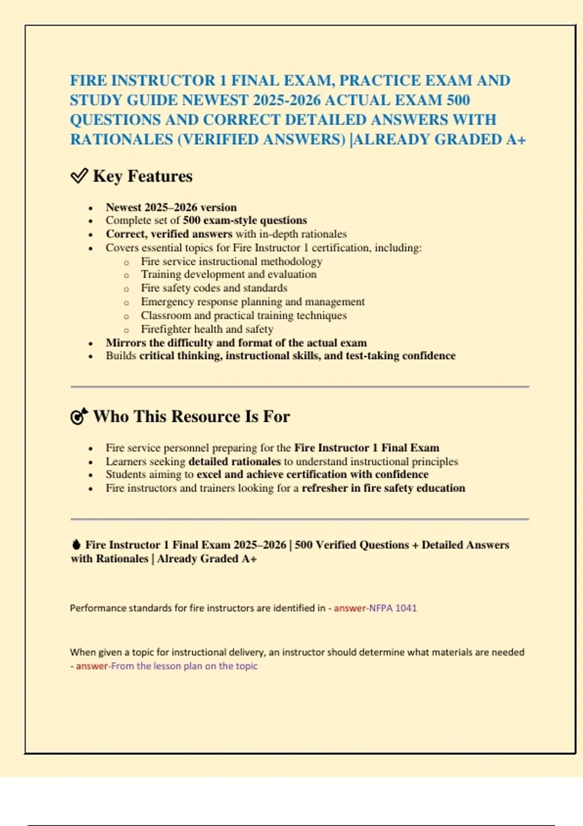 FIRE INSTRUCTOR 1 FINAL EXAM, PRACTICE EXAM AND STUDY GUIDE NEWEST ...
