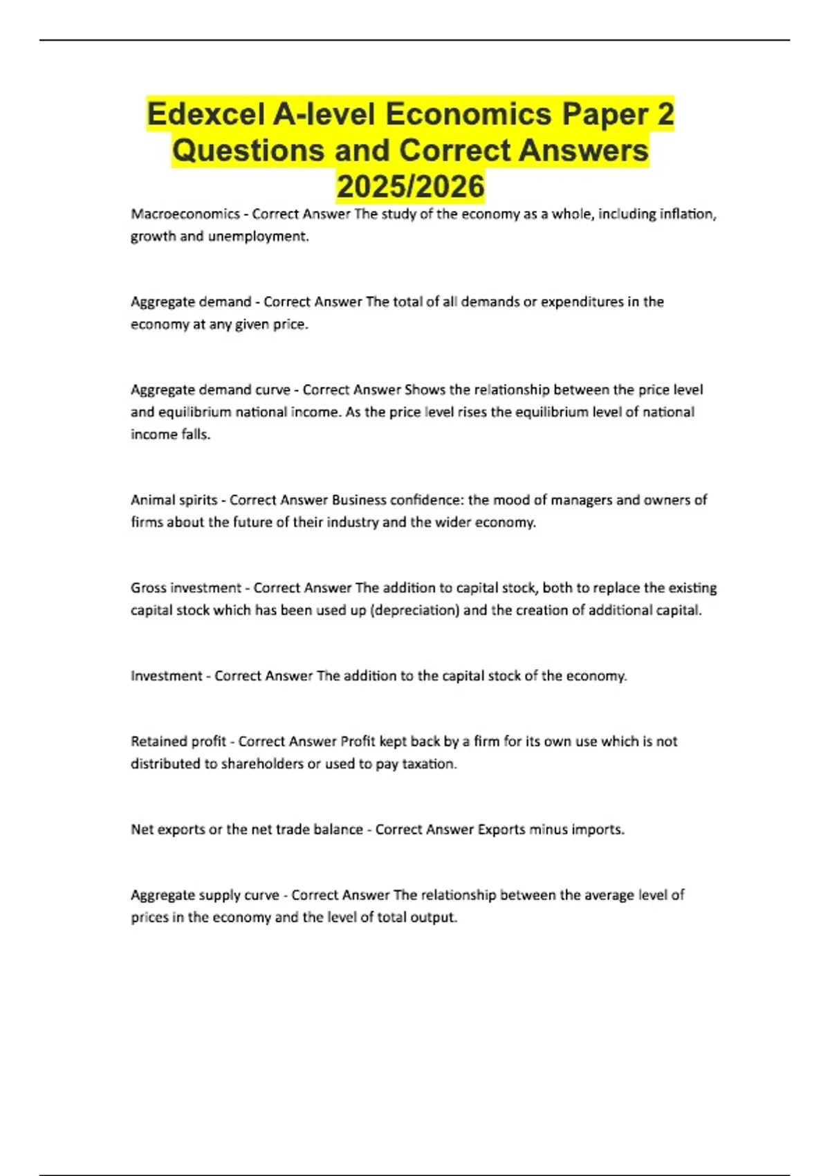 Edexcel A-level Economics Paper 2 Questions and Correct Answers 2025/ ...