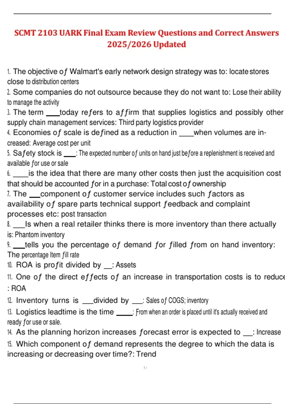 SCMT 2103 UARK Final Exam Review – Questions and Correct Answers ...