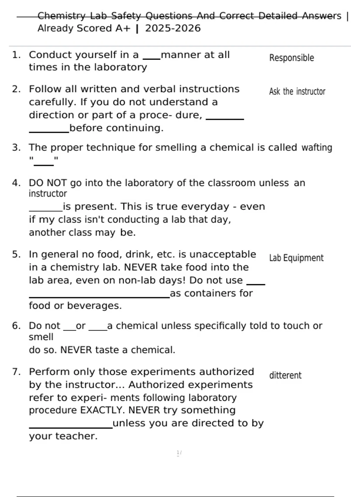Chemistry Lab Safety Questions And Correct Detailed Answers | Already ...