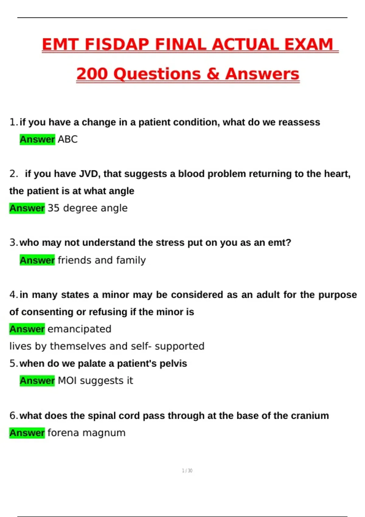 EMT FISDAP FINAL EXAM (3 Versions) EMT FISDAP FINAL EXAM (200 Questions ...