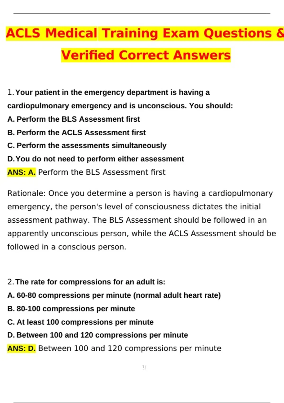 ACLS Medical Training Exam (Latest 2025 / 2026 Update) Actual Questions ...
