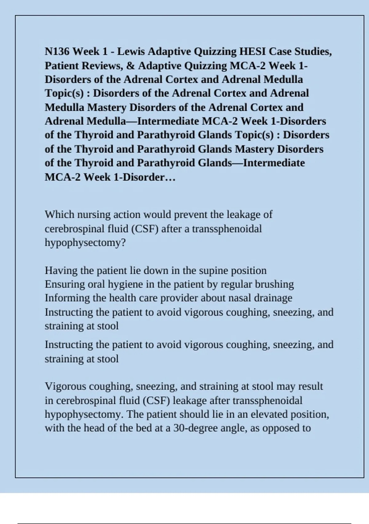 N136 Week 1 - Lewis Adaptive Quizzing HESI Case Studies, Patient Reviews, & Adaptive Quizzing ...
