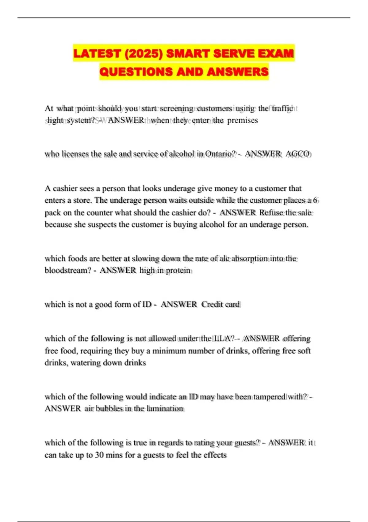 Latest 2025 Smart Serve Exam Questions and Answers - 2025 Smart Serve ...