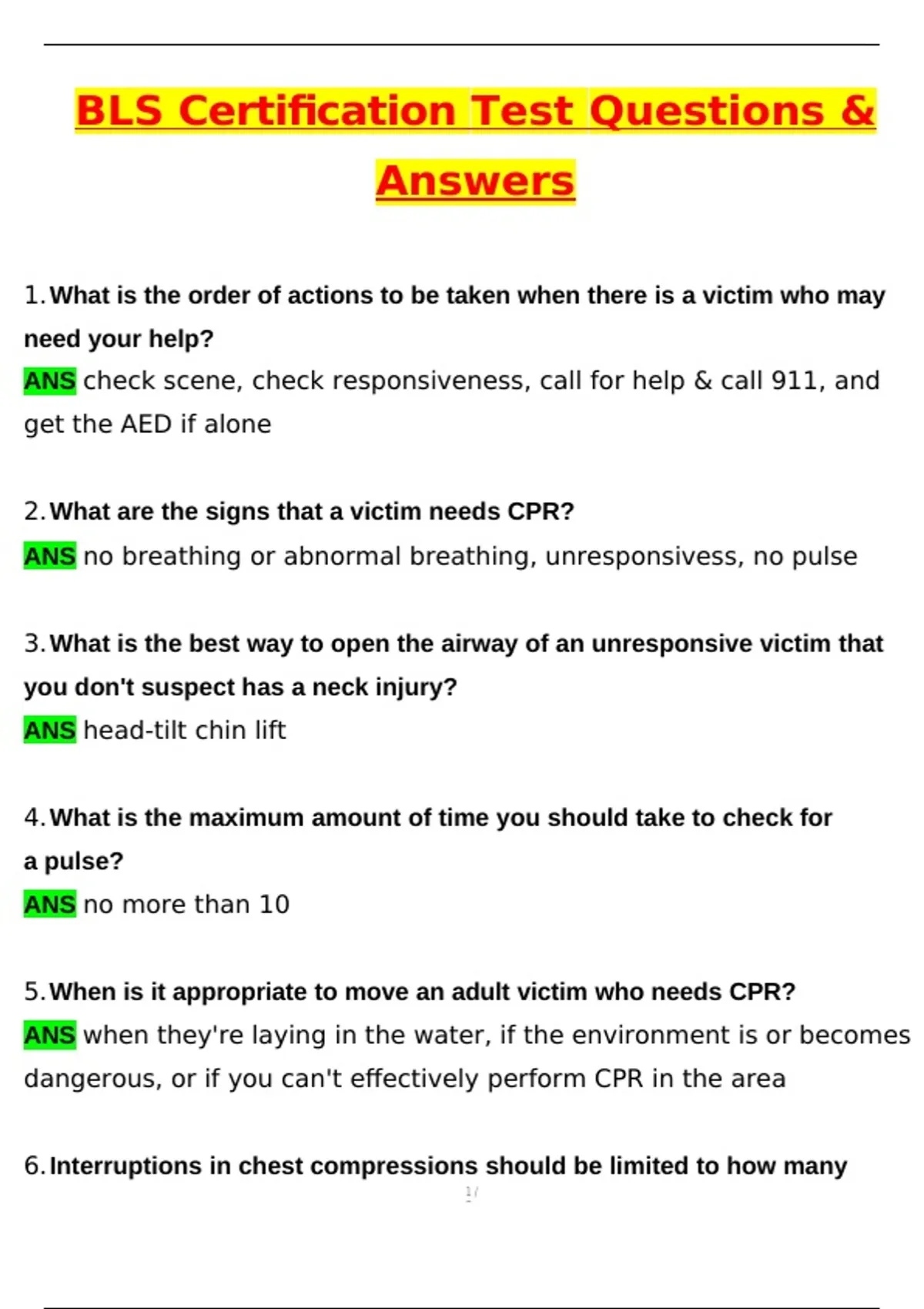 BLS Certification Test (Latest 2025 / 2026 Update) Actual Questions and ...