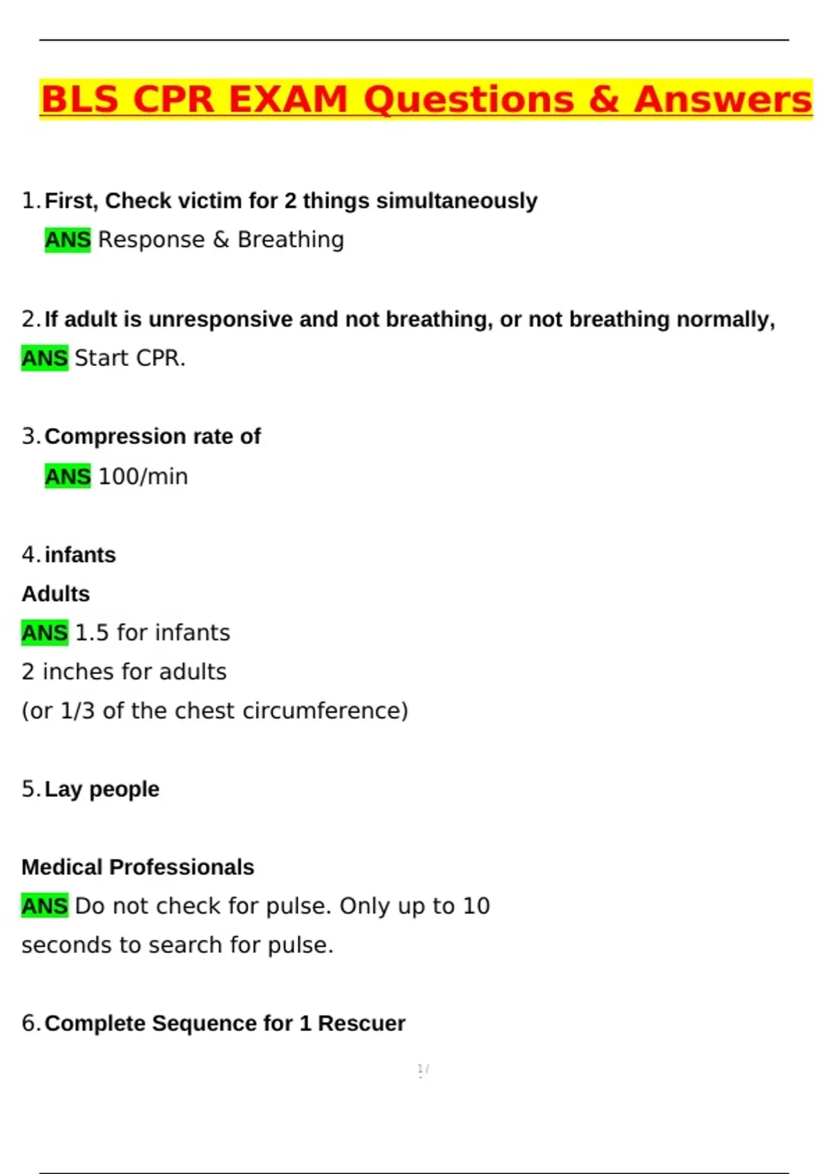 BLS CPR Exam (Latest 2025 / 2026 Update) Actual Questions and Verified ...