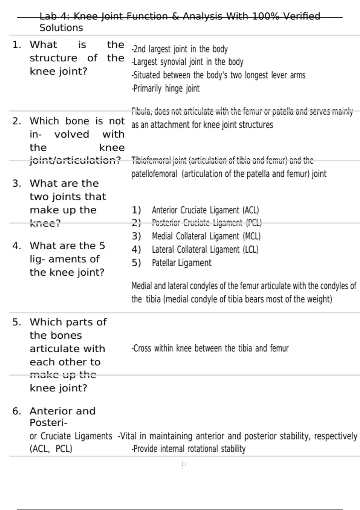 Lab 4: Knee Joint Function & Analysis With 100% Verified Solutions ...