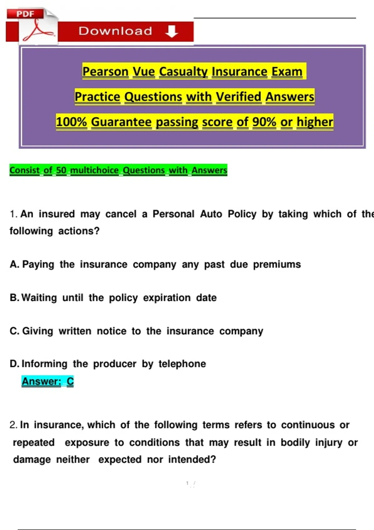 Pearson Vue Casualty Insurance Exam Practice Questions with Verified ...
