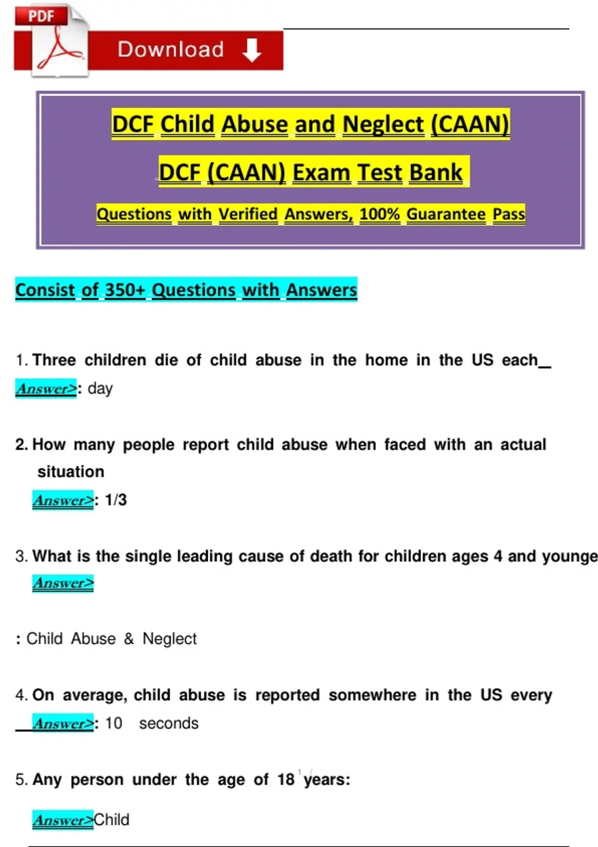 DCF Child Abuse and Neglect (CAAN) DCF (CAAN) Exam Test Bank Questions ...