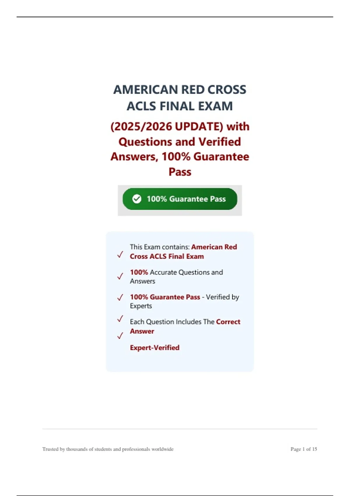 AMERICAN RED CROSS ACLS FINAL EXAM (2025/2026 UPDATE) with Questions and Verified Answers, 100% ...