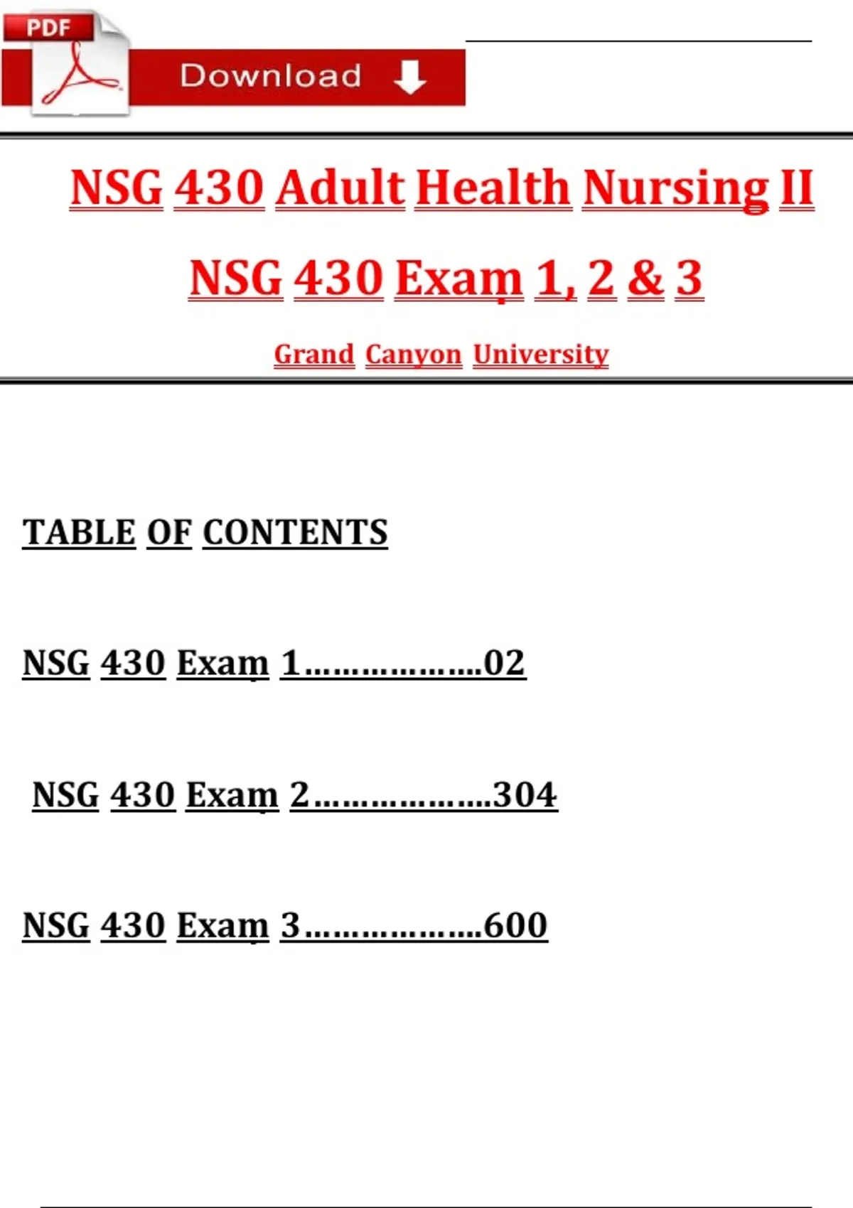 NSG 430 Adult Health Nursing II NSG 430 Exaṃ 1, 2 & 3 Grand Canyon ...