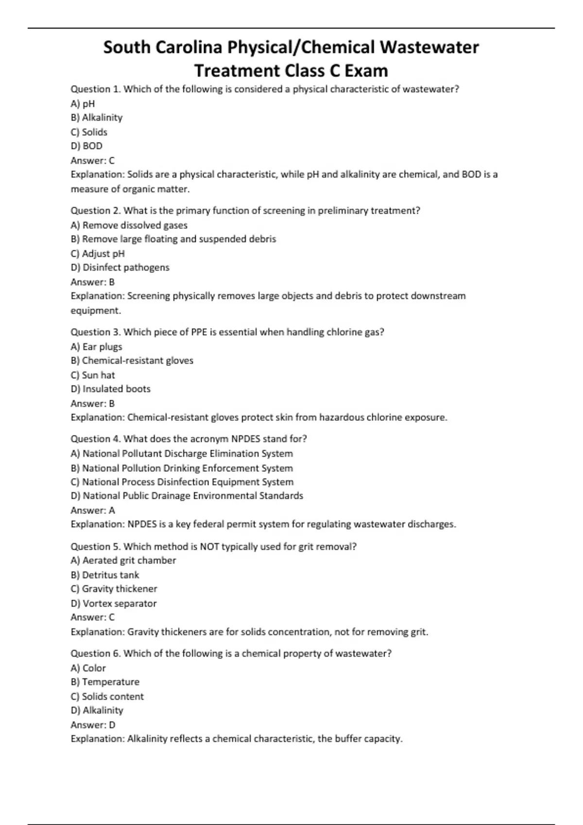 South Carolina Physical/Chemical Wastewater Treatment Class C Exam ...