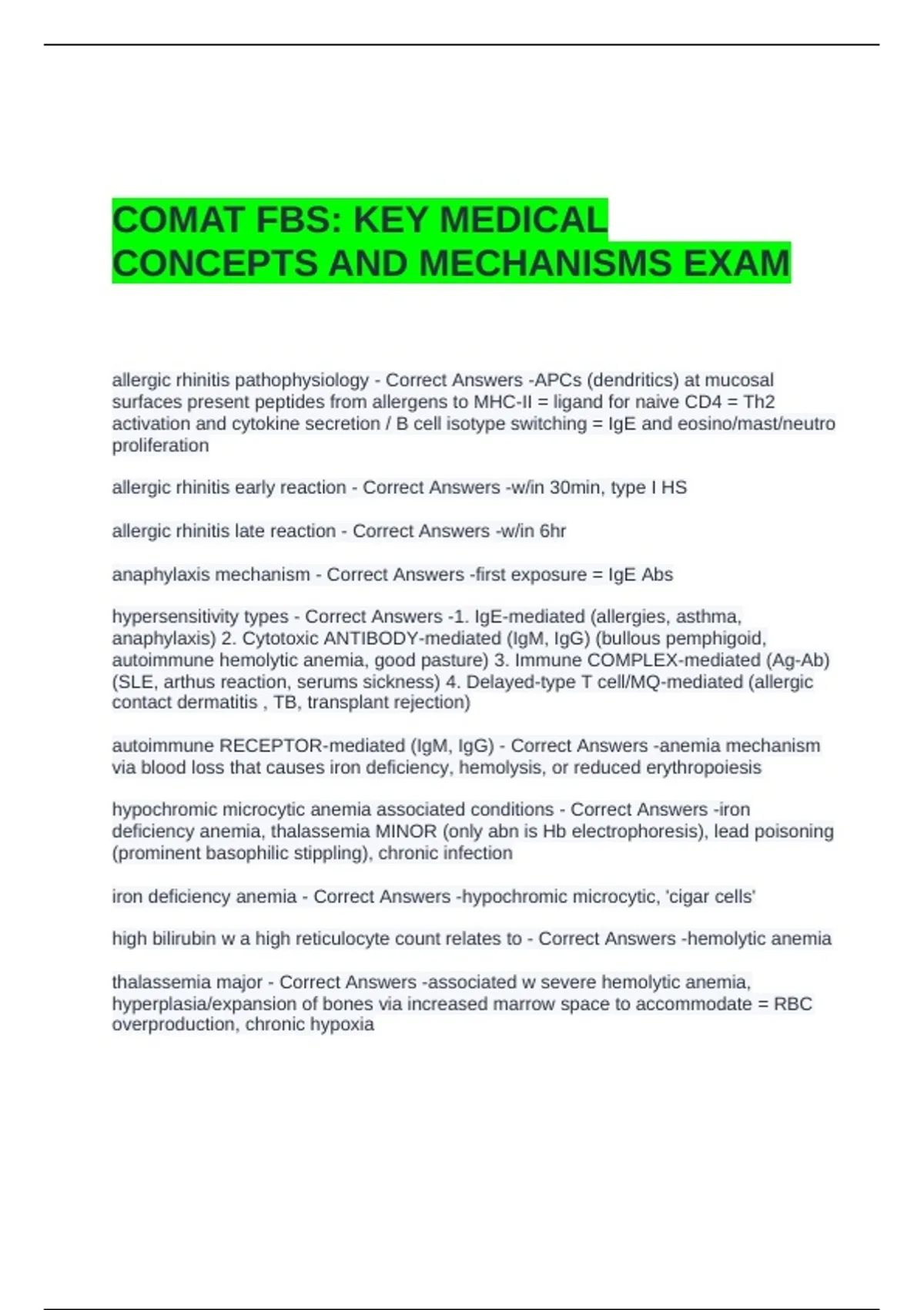 COMAT FBS KEY MEDICAL CONCEPTS AND MECHANISMS EXAM QUESTIONS AND ...