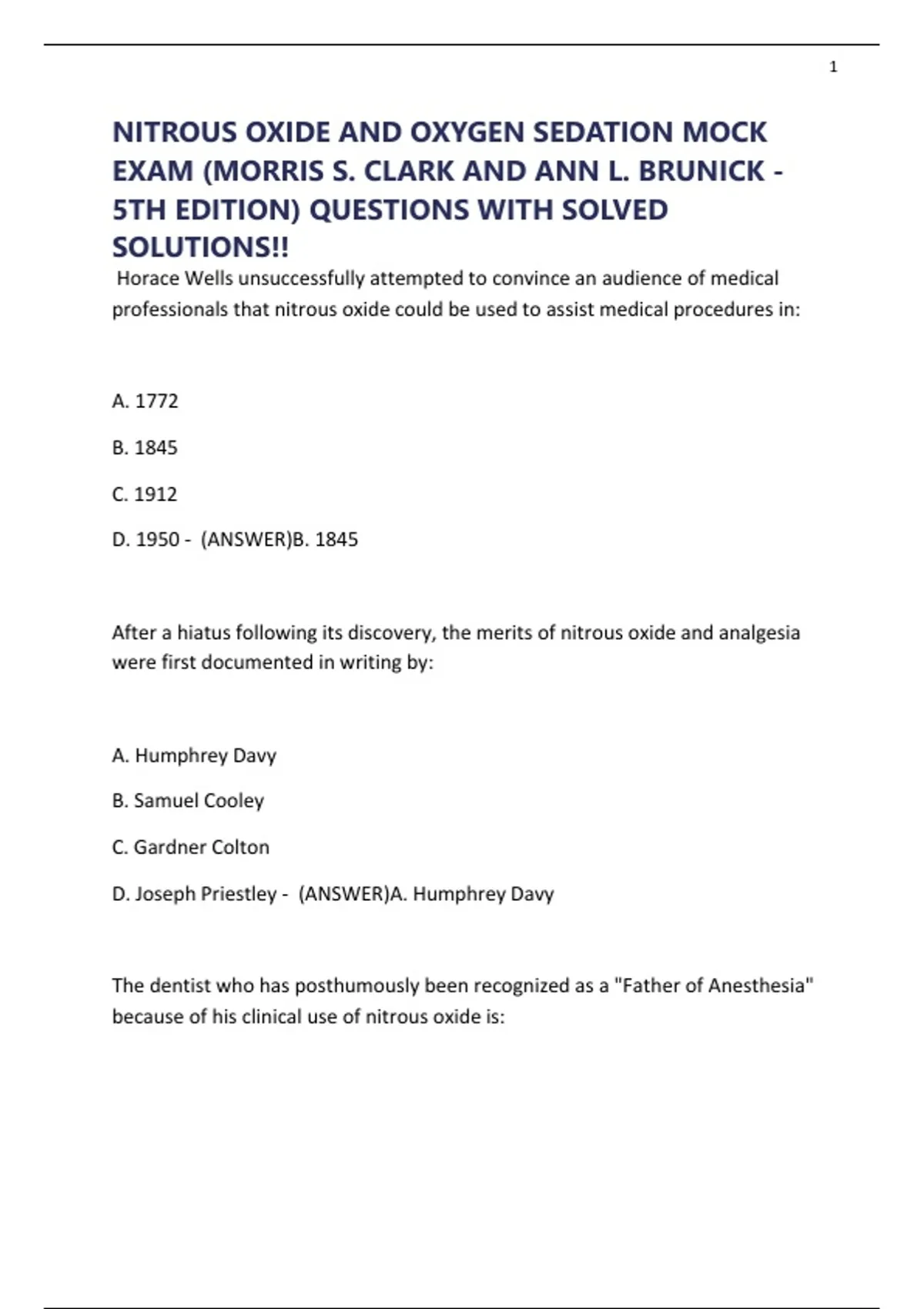 NITROUS OXIDE AND OXYGEN SEDATION MOCK EXAM (MORRIS S. CLARK AND ANN L ...