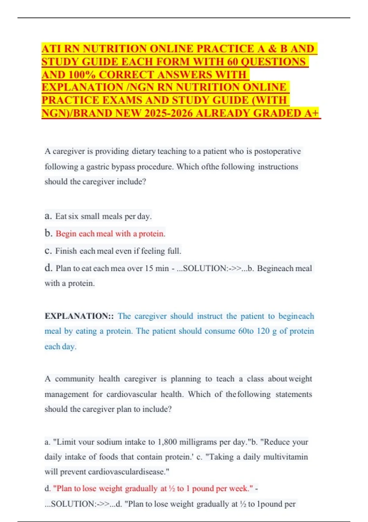 ATI RN NUTRITION ONLINE PRACTICE A & B AND STUDY GUIDE EACH FORM WITH ...