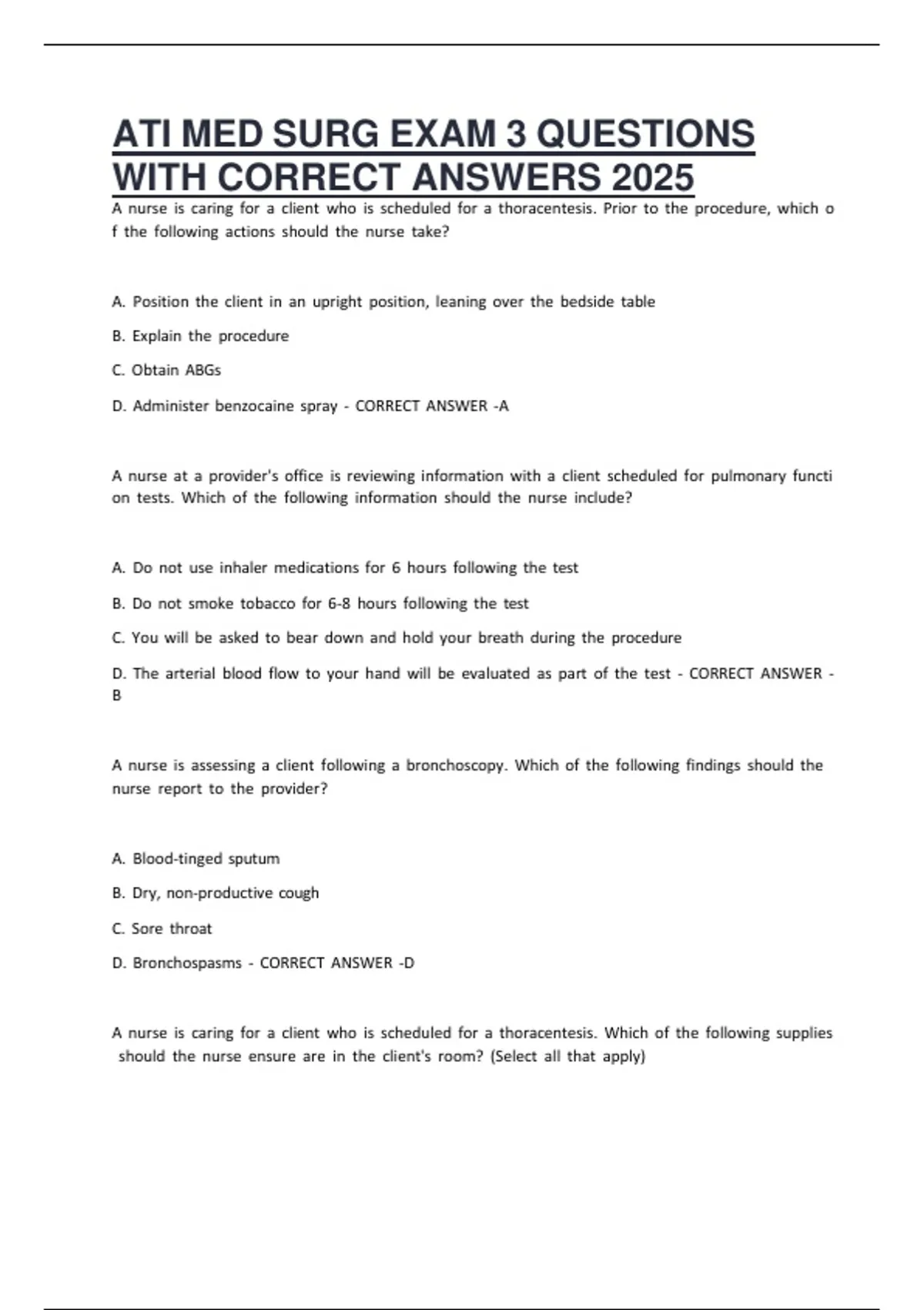 ATI MED SURG EXAM 3 QUESTIONS WITH CORRECT ANSWERS 2025 - ATI MED SURG ...