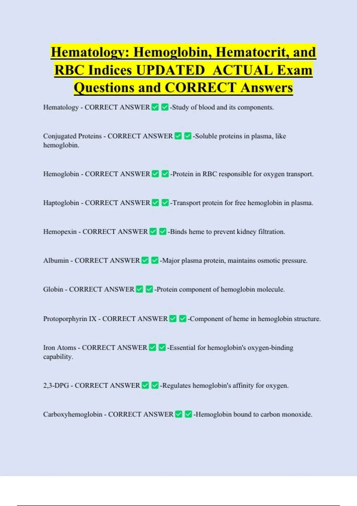 Hematology: Hemoglobin, Hematocrit, and RBC Indices UPDATED ACTUAL Exam ...