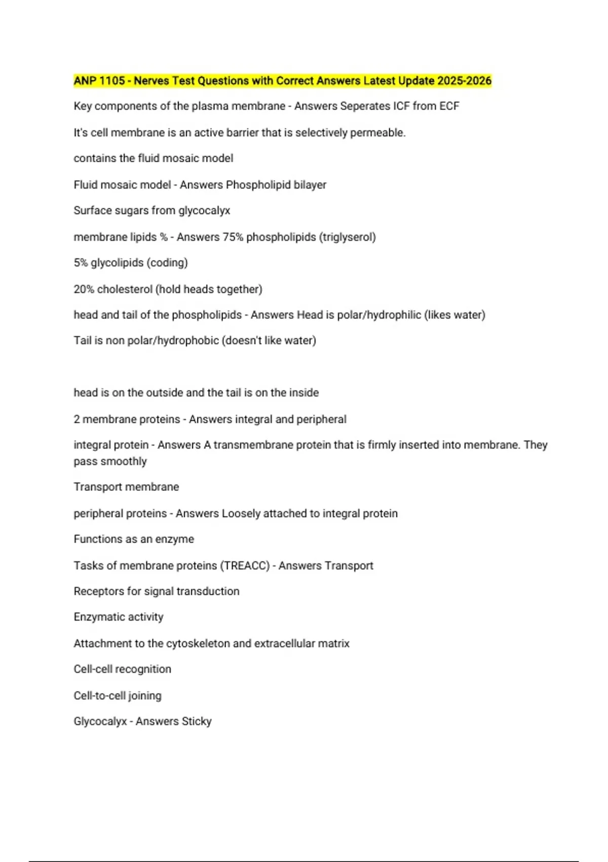 ANP 1105 - Nerves Test Questions with Correct Answers Latest Update ...