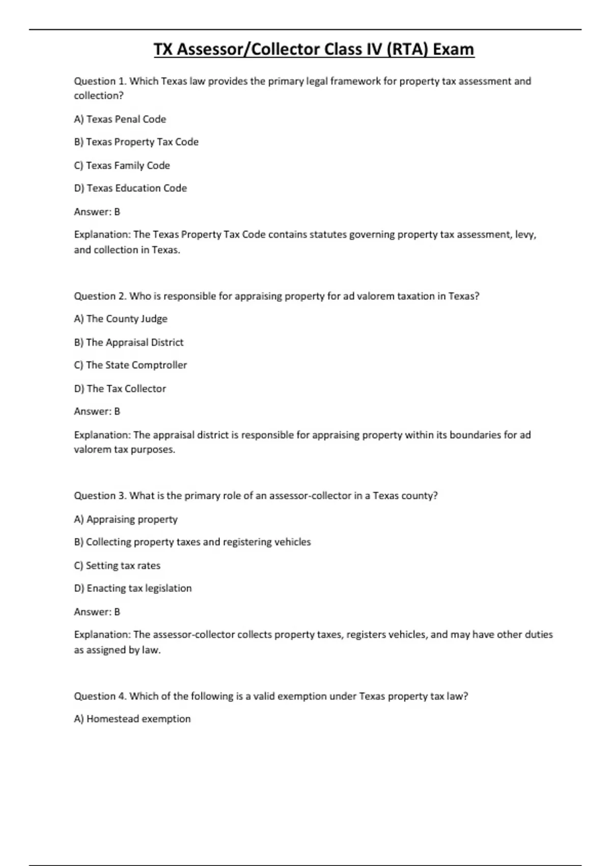 TX Assessor/Collector Class IV (RTA) Exam - Computers - Stuvia US