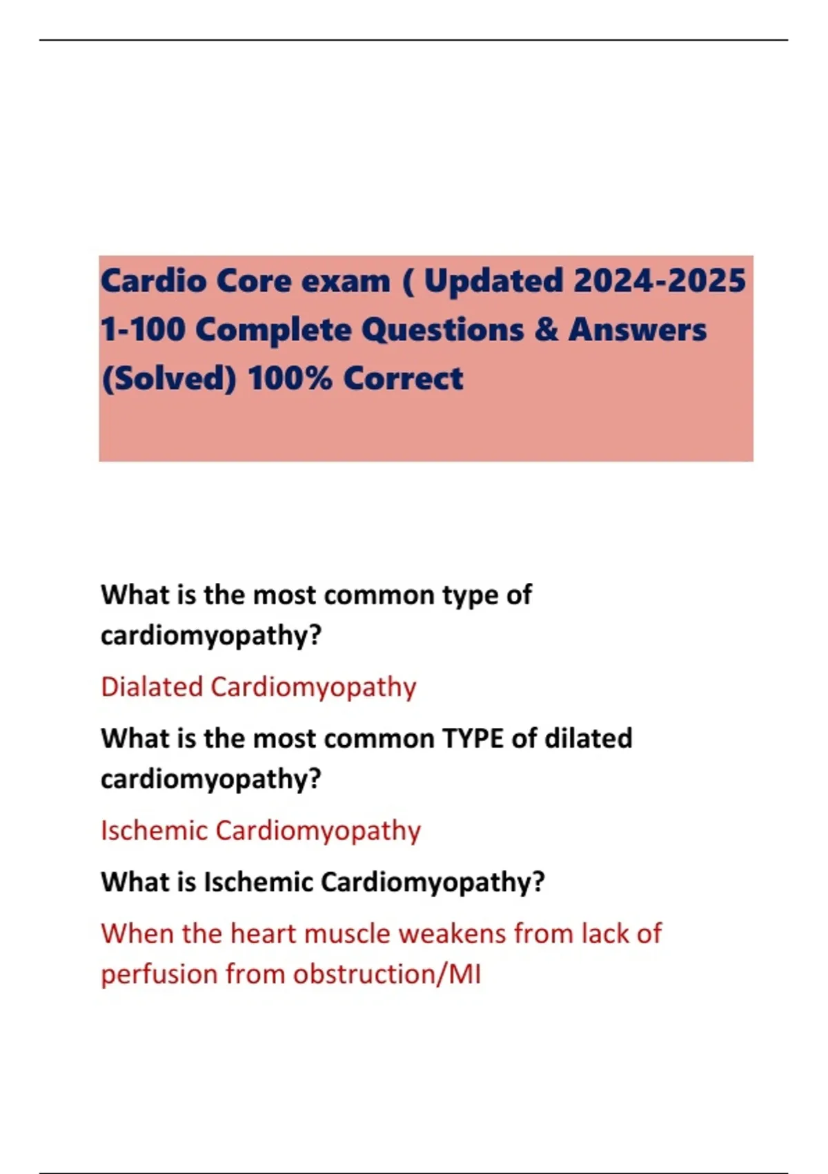 Cardio Core exam ( Updated Complete Questions & Answers (Solved) 100% Correct - Cardio Core ...