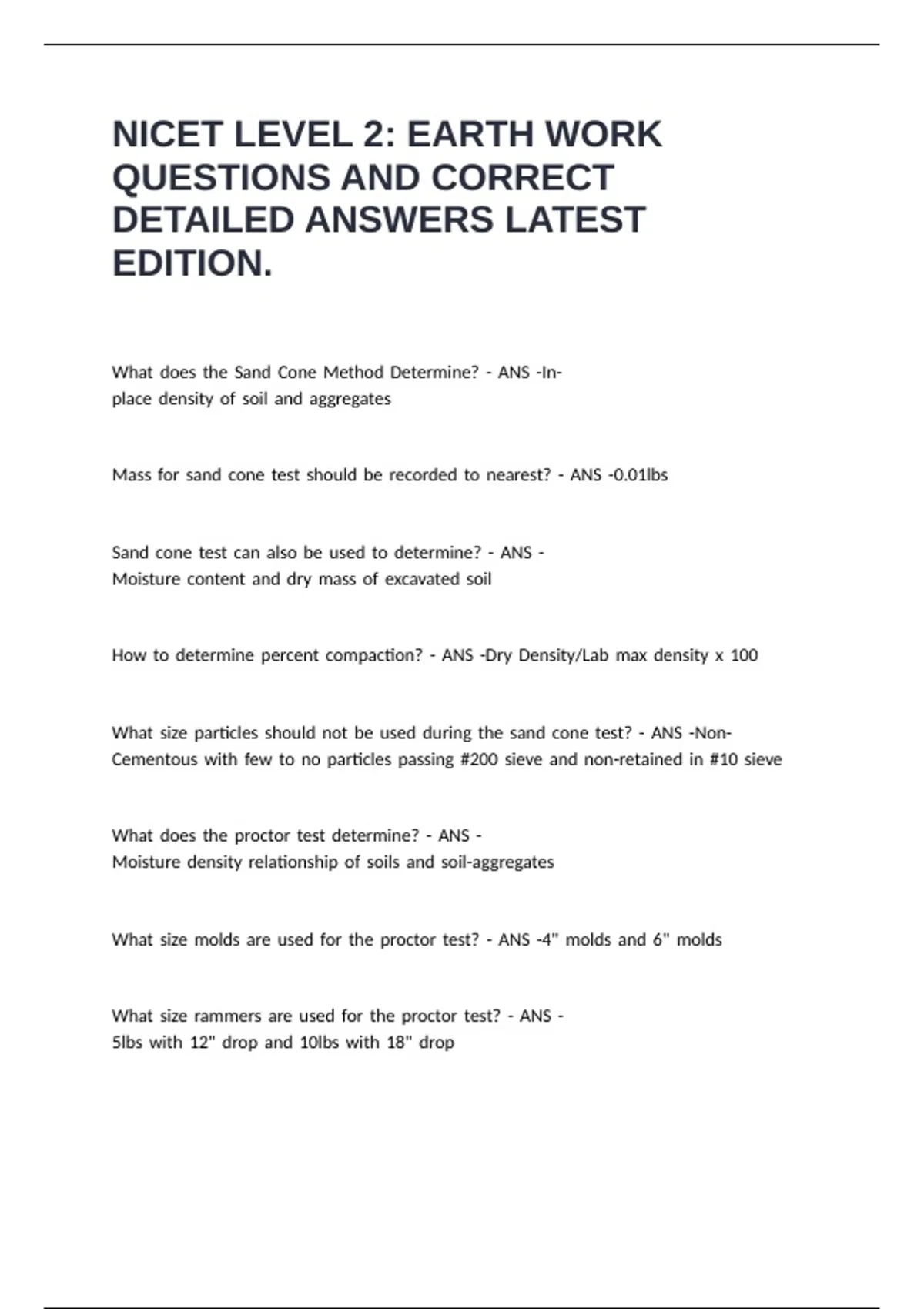 NICET LEVEL 2: EARTH WORK QUESTIONS AND CORRECT DETAILED ANSWERS LATEST ...