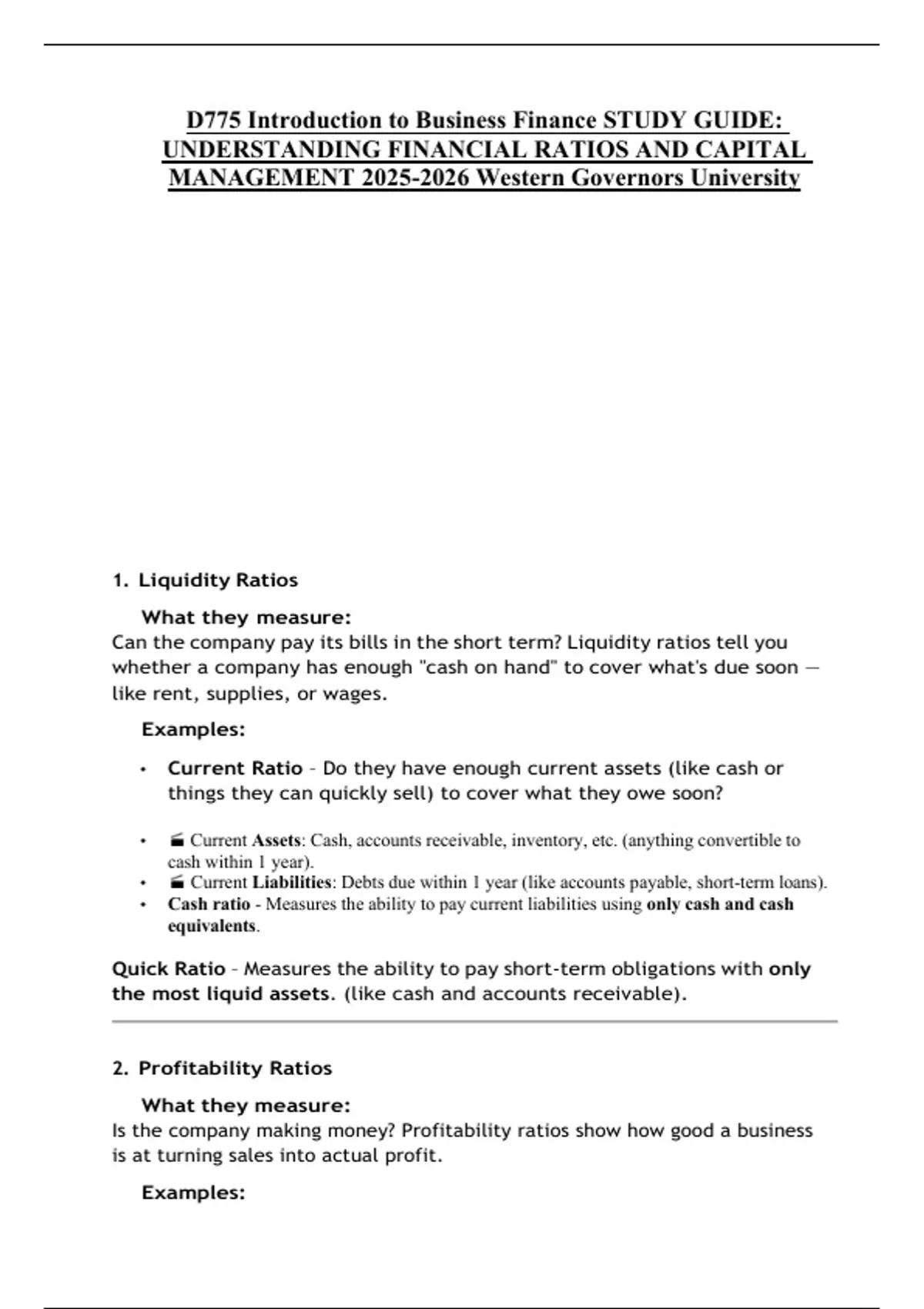 D775 Introduction to Business Finance STUDY GUIDE: UNDERSTANDING ...