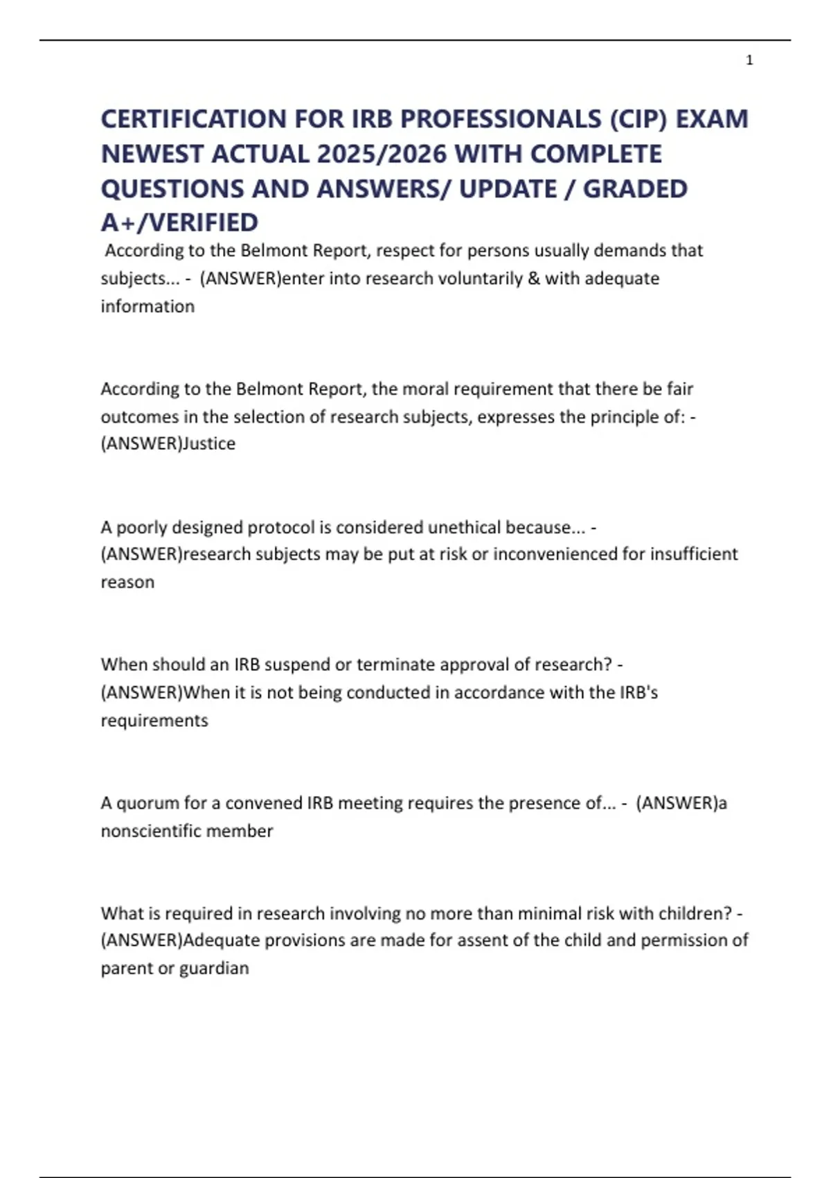 CERTIFICATION FOR IRB PROFESSIONALS (CIP) EXAM NEWEST ACTUAL 2025/2026 ...