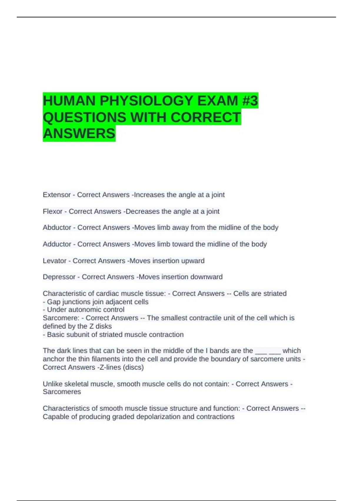 HUMAN PHYSIOLOGY EXAM #3 QUESTIONS WITH CORRECT ANSWERS - Human ...