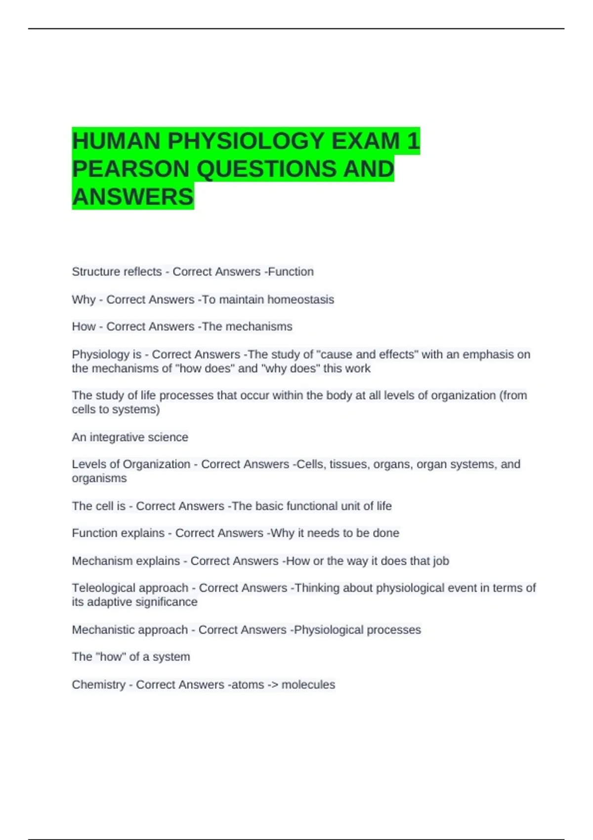 HUMAN PHYSIOLOGY EXAM 1 PEARSON QUESTIONS AND ANSWERS - Human ...