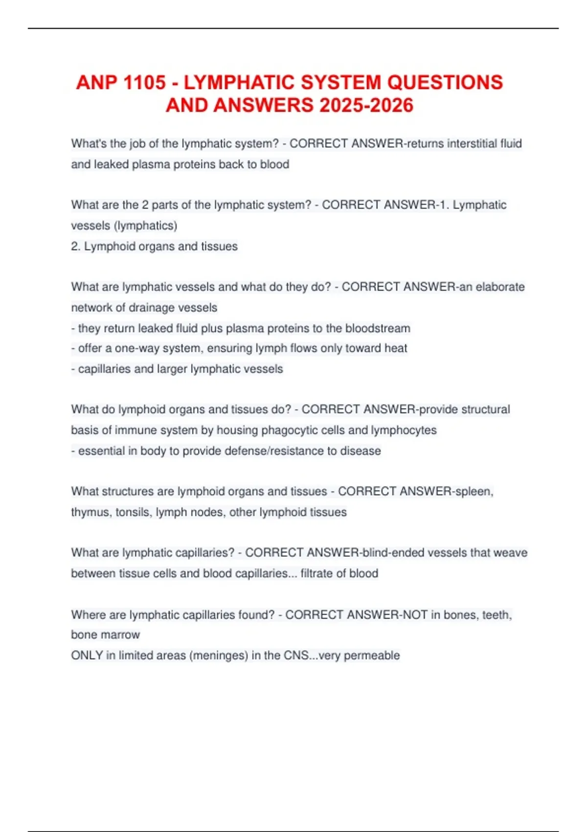 ANP 1105 - Lymphatic System questions and answers - ANP 1105 ...