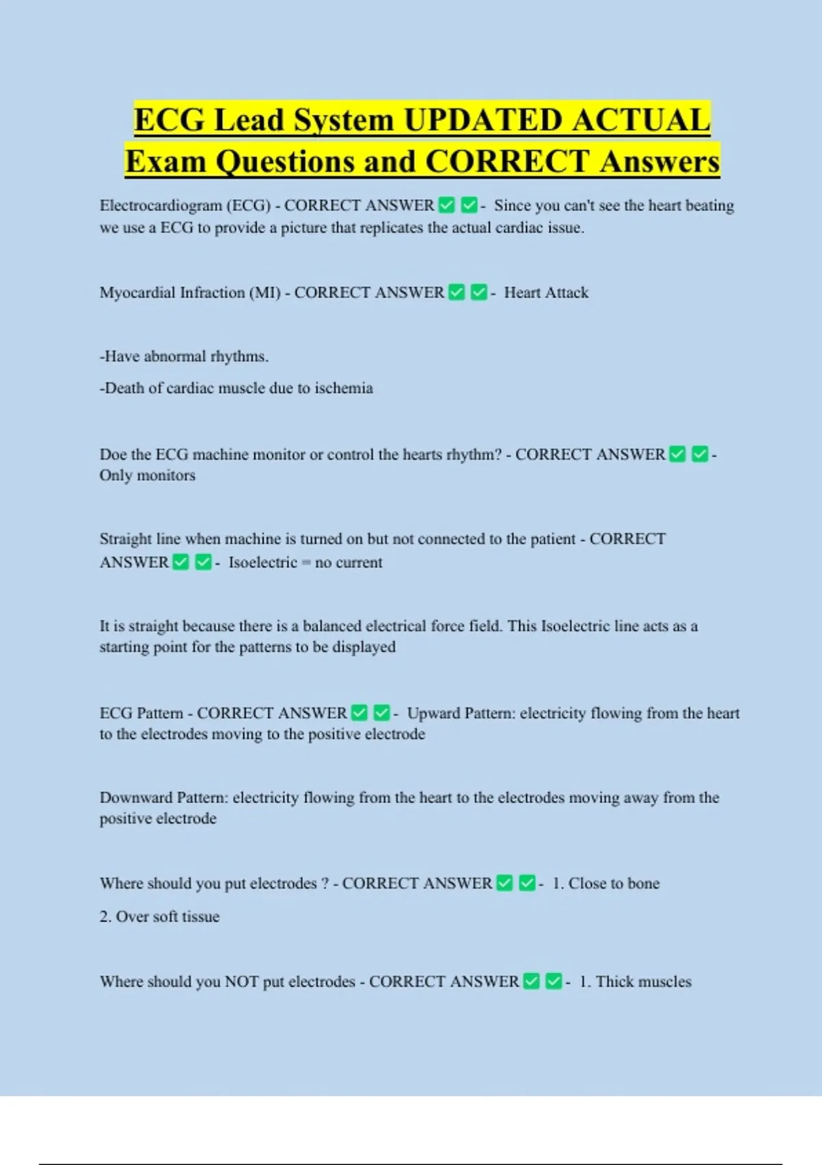 ECG Lead System UPDATED ACTUAL Exam Questions and CORRECT Answers - ECG ...