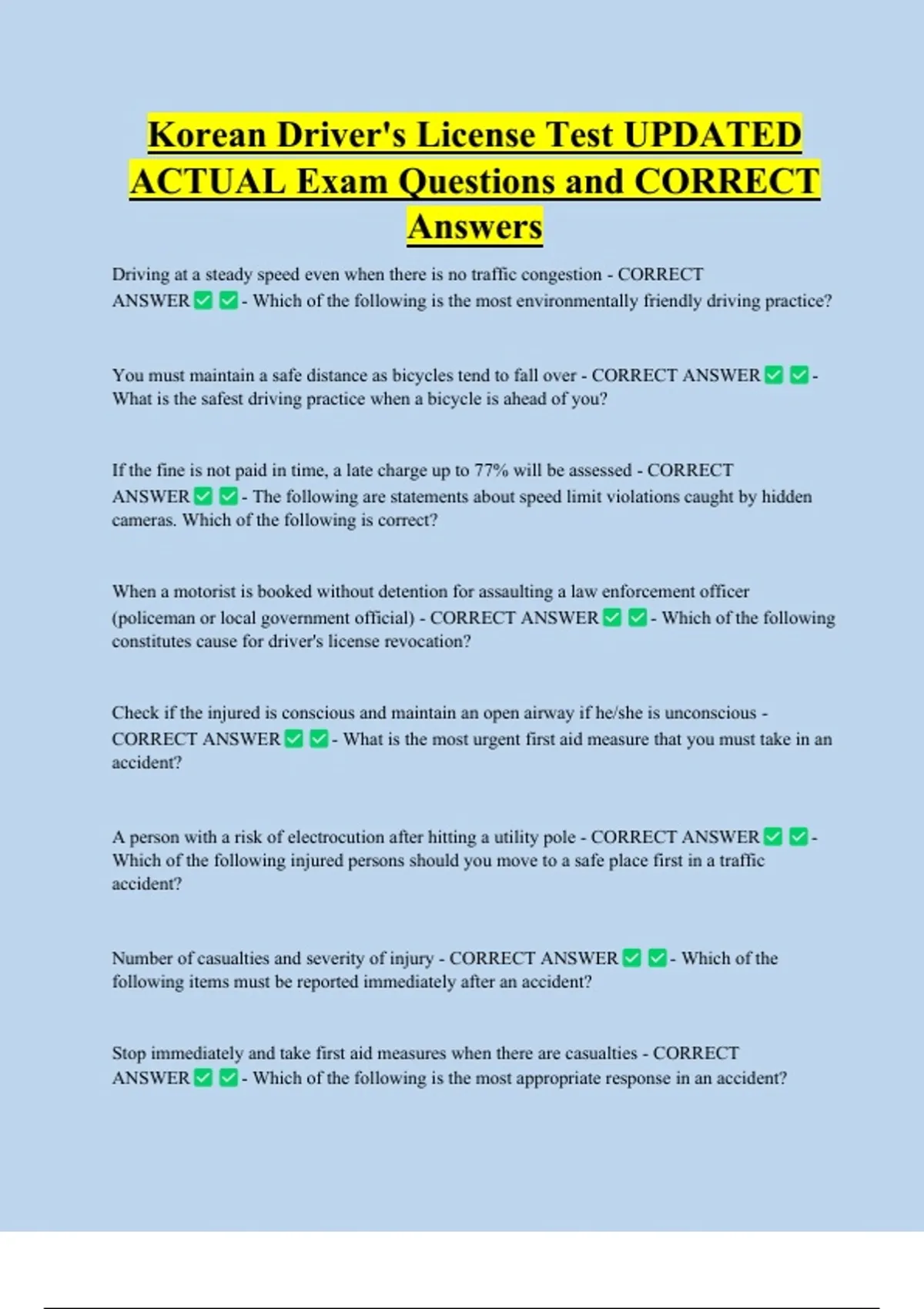 Korean Driver's License Test UPDATED ACTUAL Exam Questions and CORRECT ...