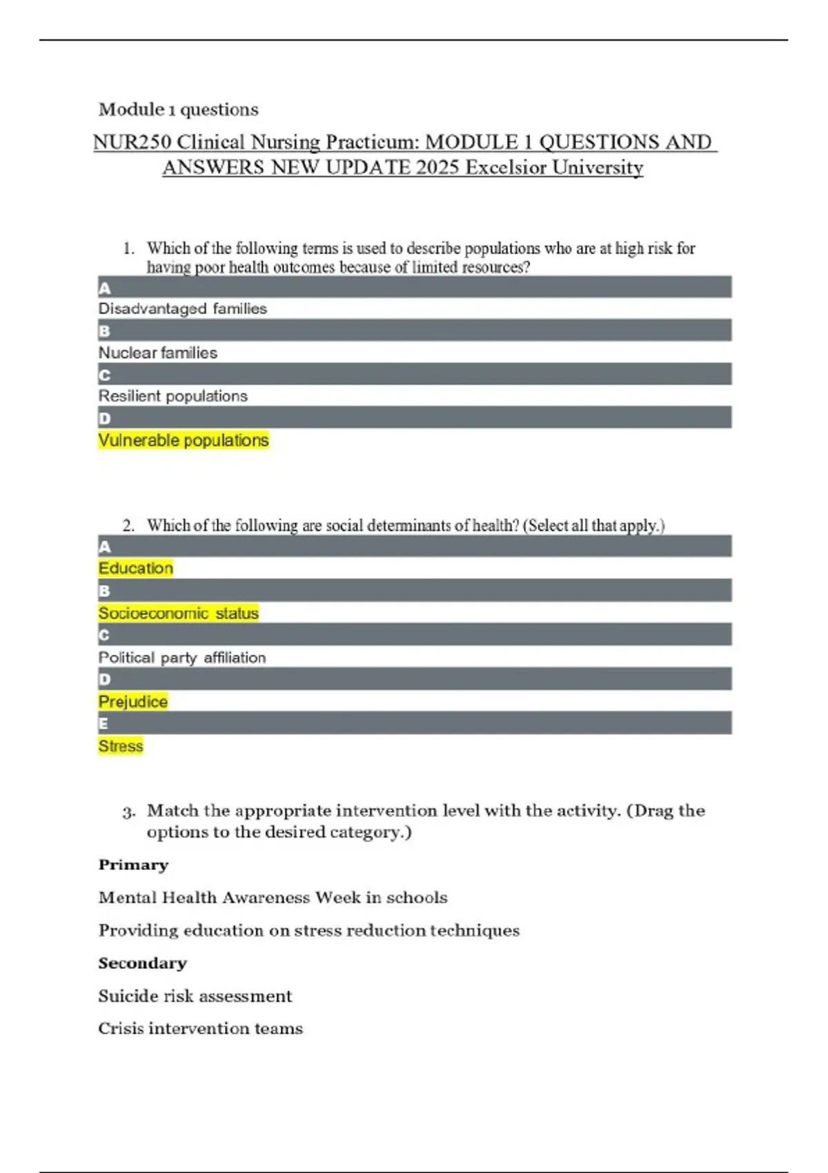 NUR250 Clinical Nursing Practicum: MODULE 1 QUESTIONS AND ANSWERS NEW ...