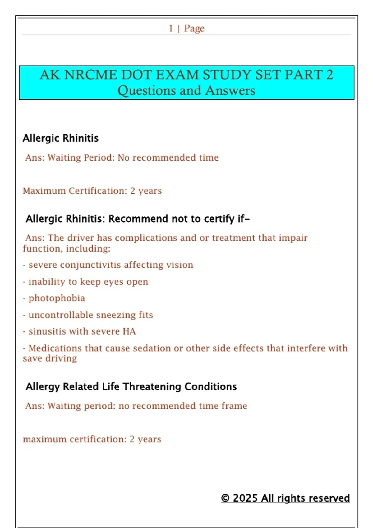 AK NRCME DOT EXAM STUDY SET PART 2 Questions and Answers - AK NRCME ...
