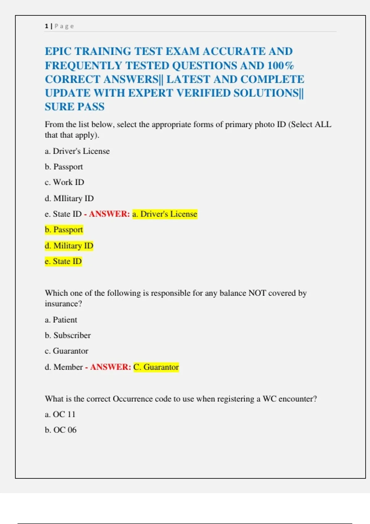 EPIC TRAINING TEST EXAM ACCURATE AND FREQUENTLY TESTED QUESTIONS AND ...