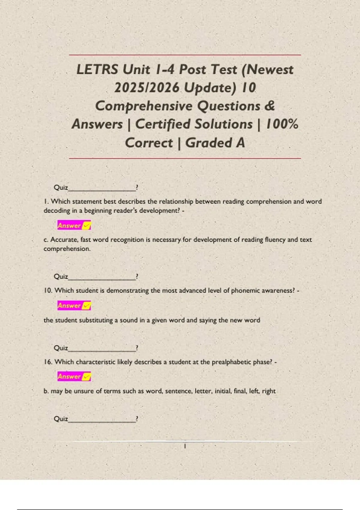 LETRS Unit 1-4 Post Test (Newest 2025/2026 Update) 10 Comprehensive ...