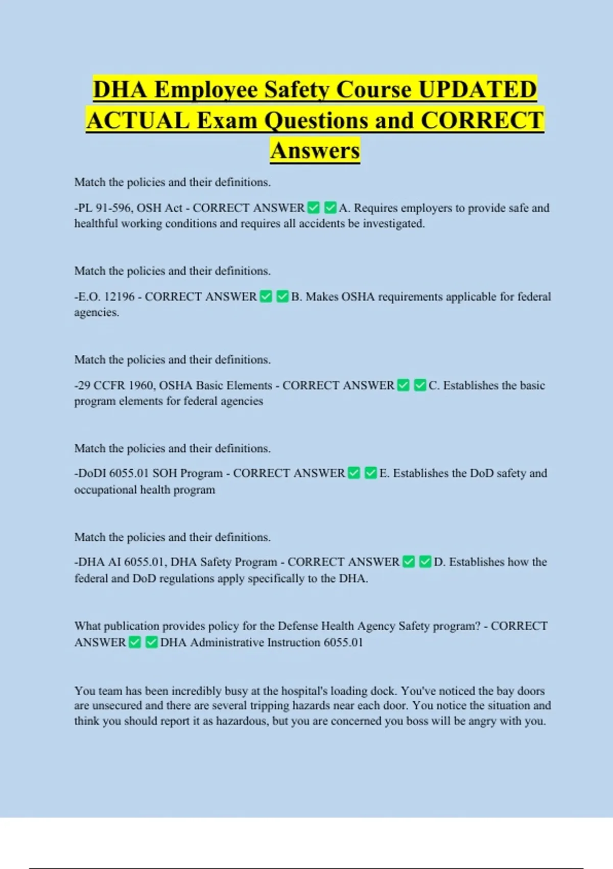 DHA Employee Safety Course UPDATED ACTUAL Exam Questions and CORRECT ...