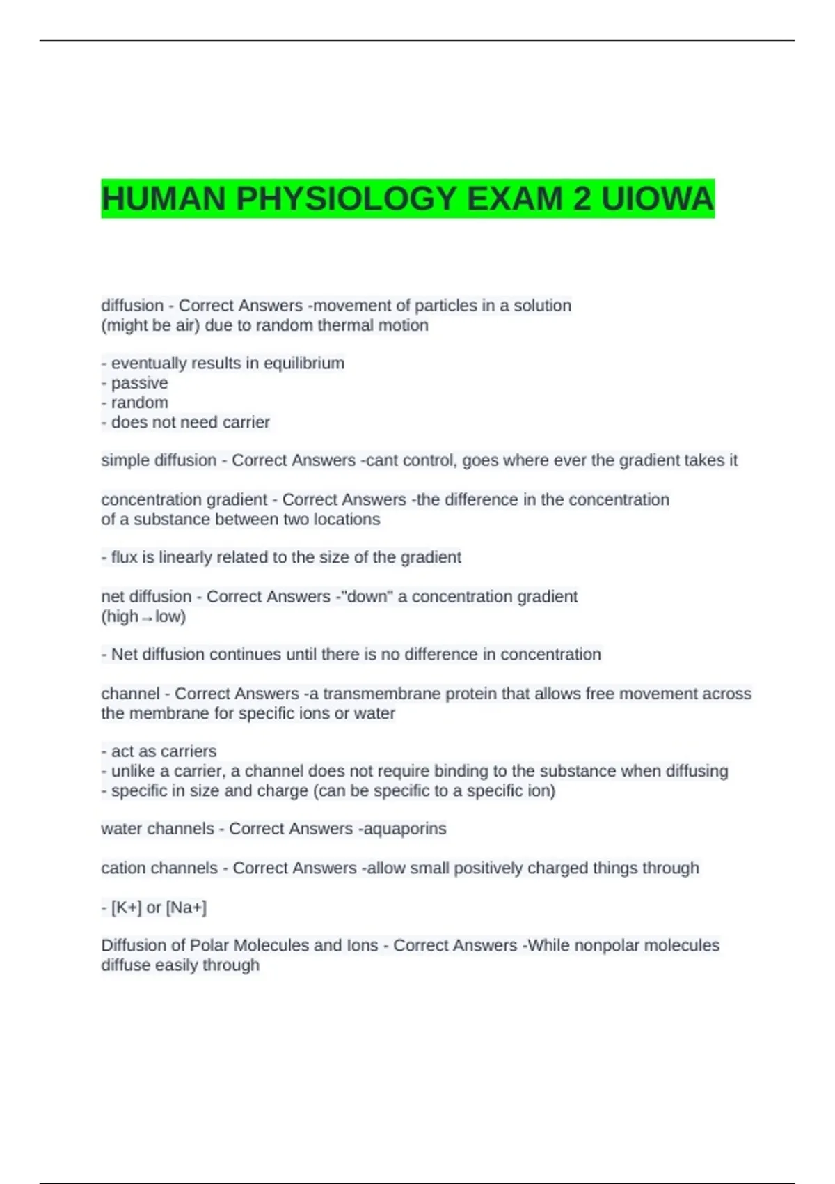 HUMAN PHYSIOLOGY EXAM 2 UIOWA QUESTIONS AND ANSWERS - HUMAN PHYSIOLOGY ...