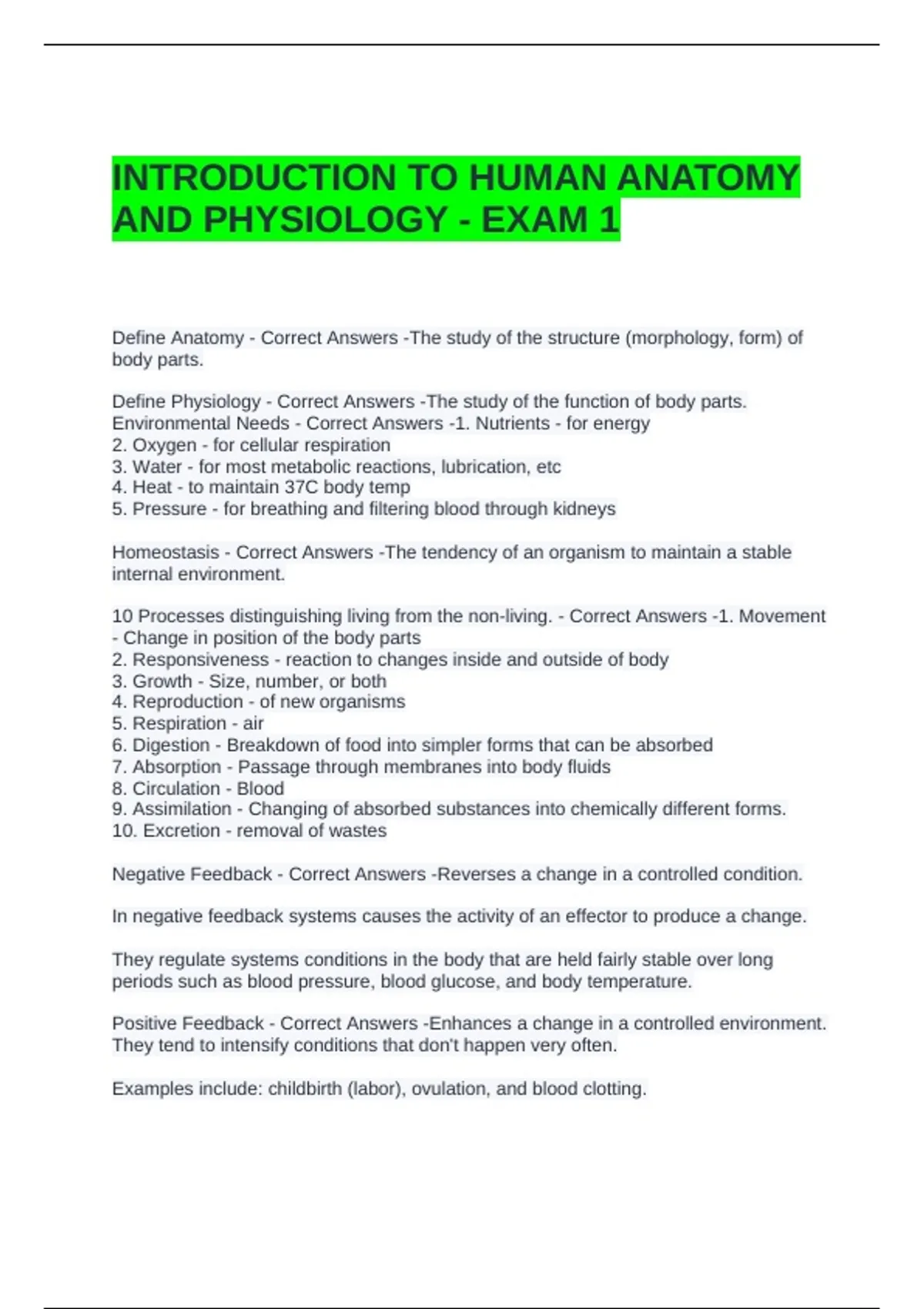 INTRODUCTION TO HUMAN ANATOMY AND PHYSIOLOGY - EXAM 1 QUESTIONS AND ...