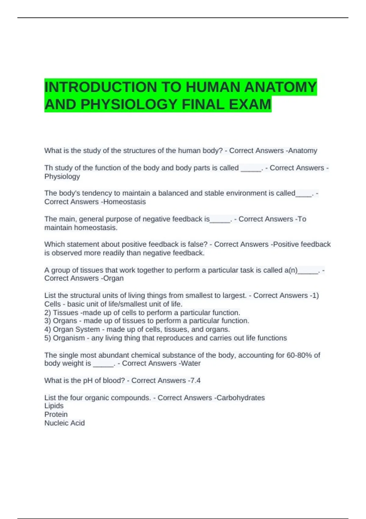 INTRODUCTION TO HUMAN ANATOMY AND PHYSIOLOGY FINAL EXAM QUESTIONS AND ...
