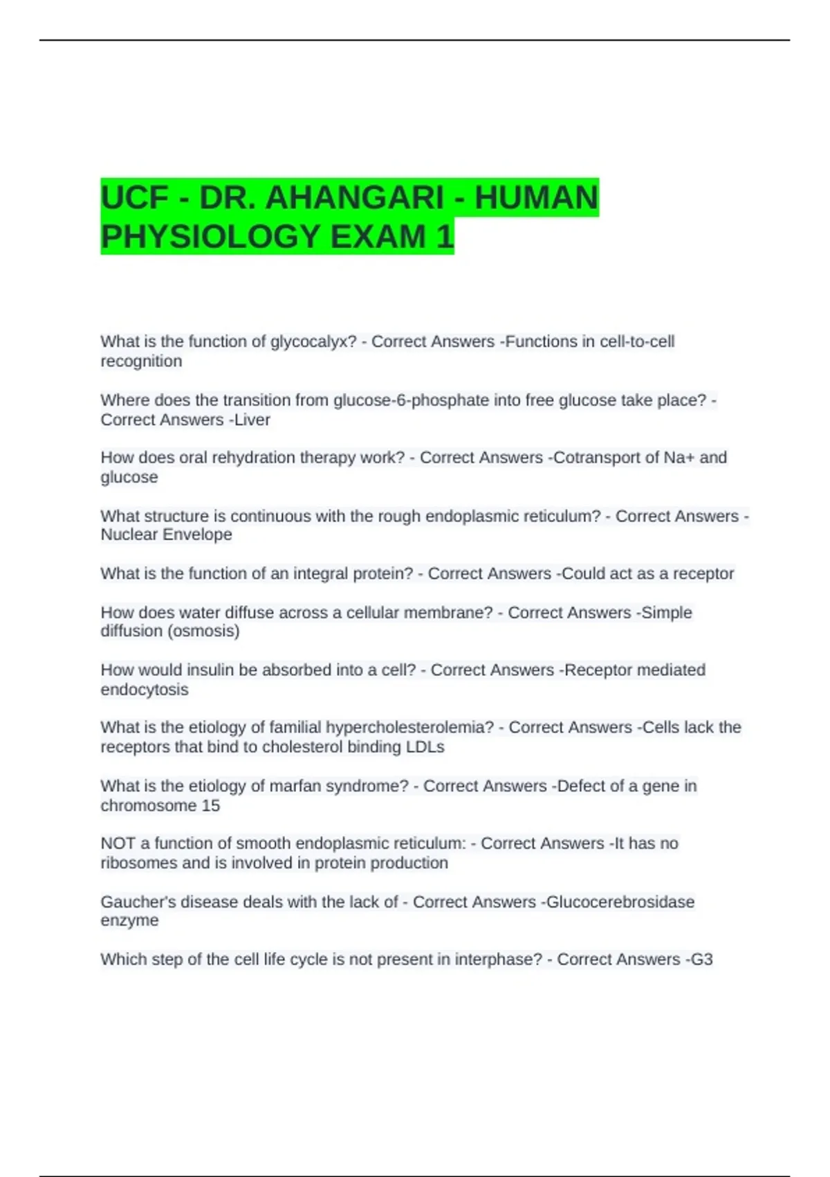 UCF - DR. AHANGARI - HUMAN PHYSIOLOGY EXAM 1 QUESTIONS AND ANSWERS ...