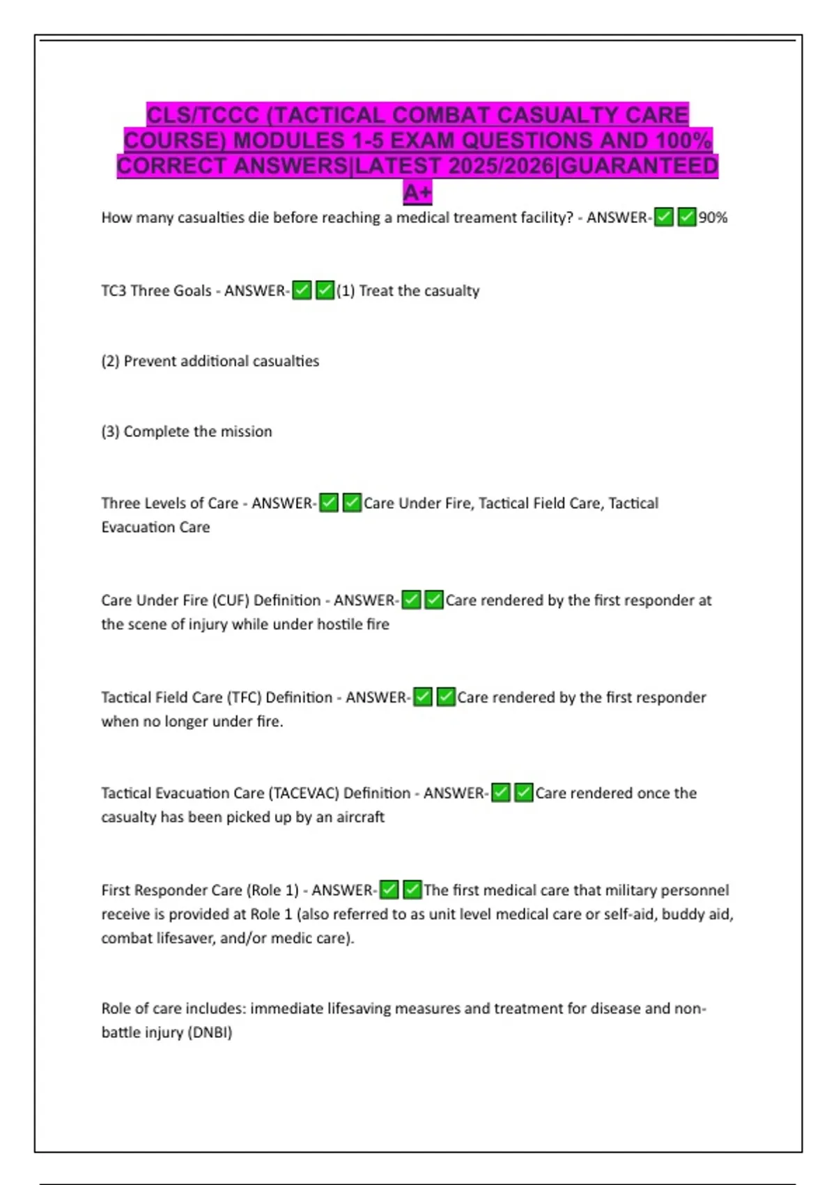 TCCC-CLS EXAM QUESTIONS AND 100% CORRECT ANSWERS|LATEST 2025/2026 ...