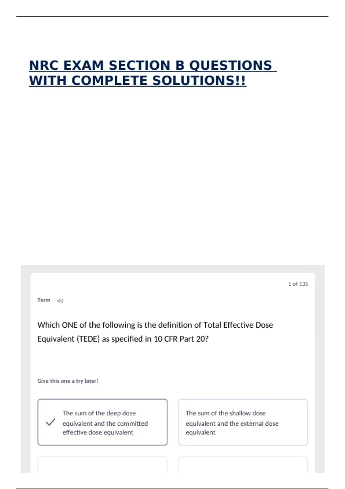 NRC EXAM SECTION B QUESTIONS WITH COMPLETE SOLUTIONS!! - NRC - Stuvia US