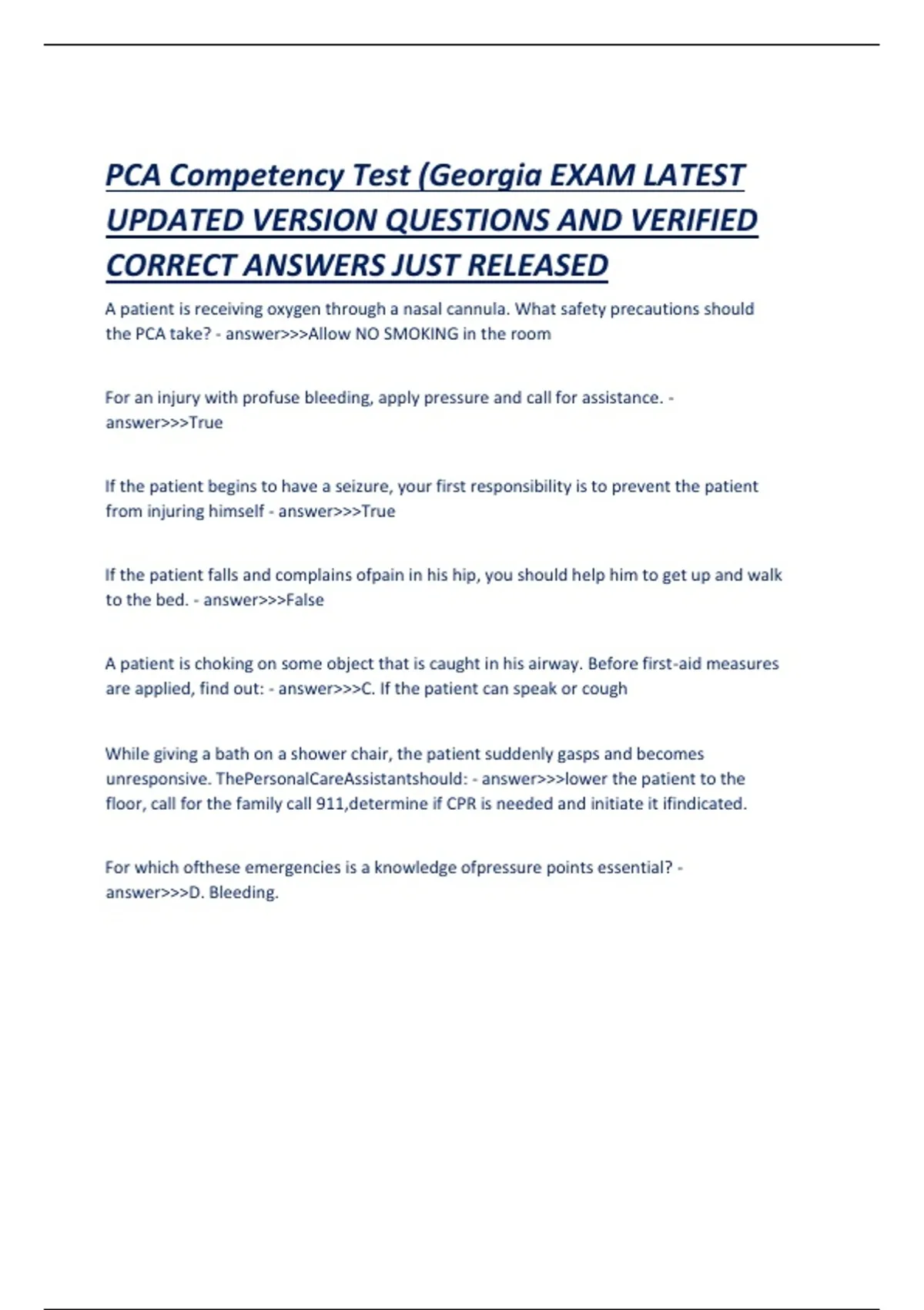 PCA (Personal Care Assistant) Competency Test (Georgia EXAM LATEST ...